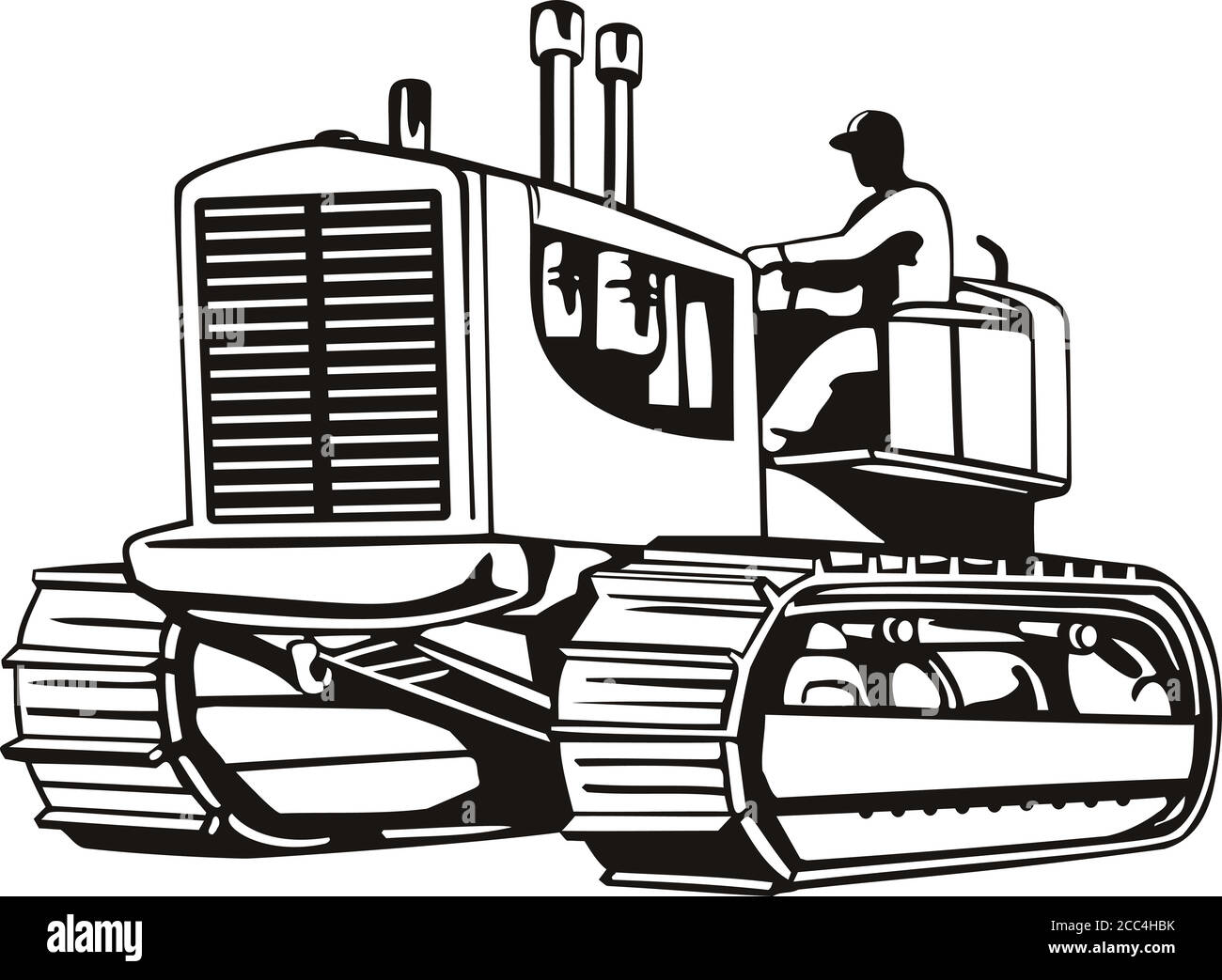 Retro woodcut style illustration of a vintage large heavy tractor or ...