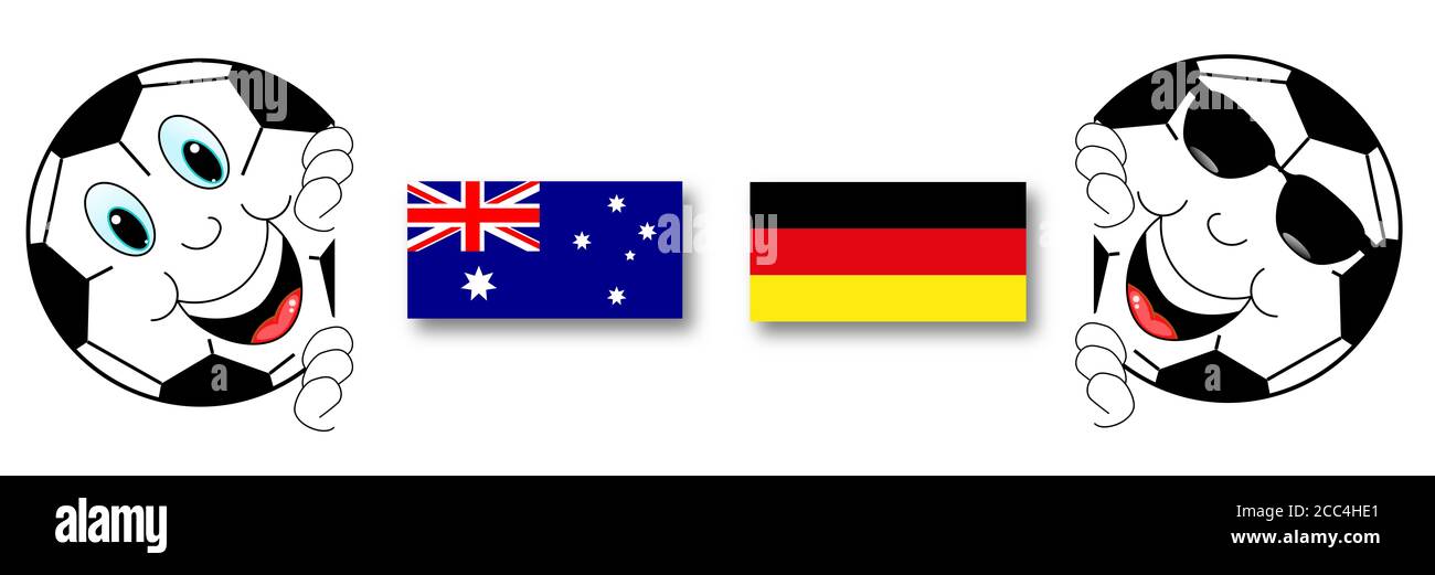 Illustration of two soccer balls with happy faces, next to the flag of ...