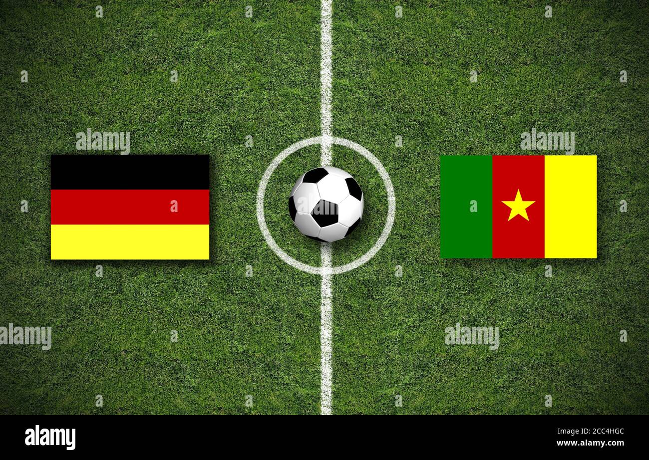 Illustration of the soccer field with flags of Germany and Cameroon on ...
