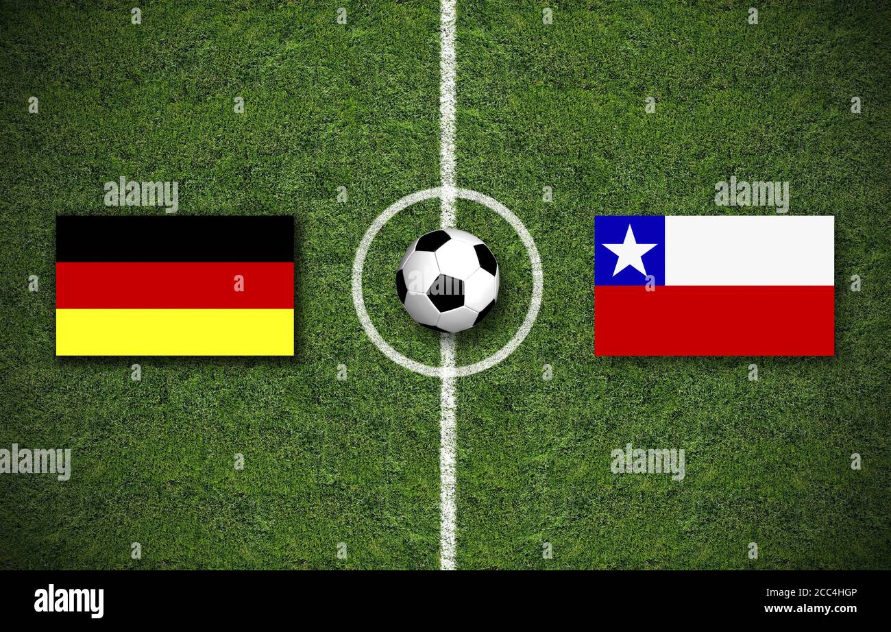 Illustration of a soccer field with flags of Germany and Chile on the ...