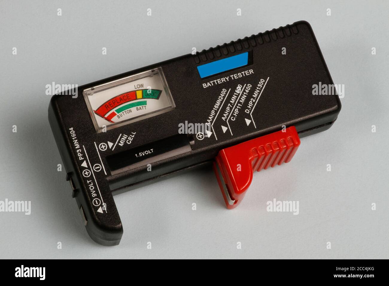 Battery tester. Shoot over white background. Focus on the important ...