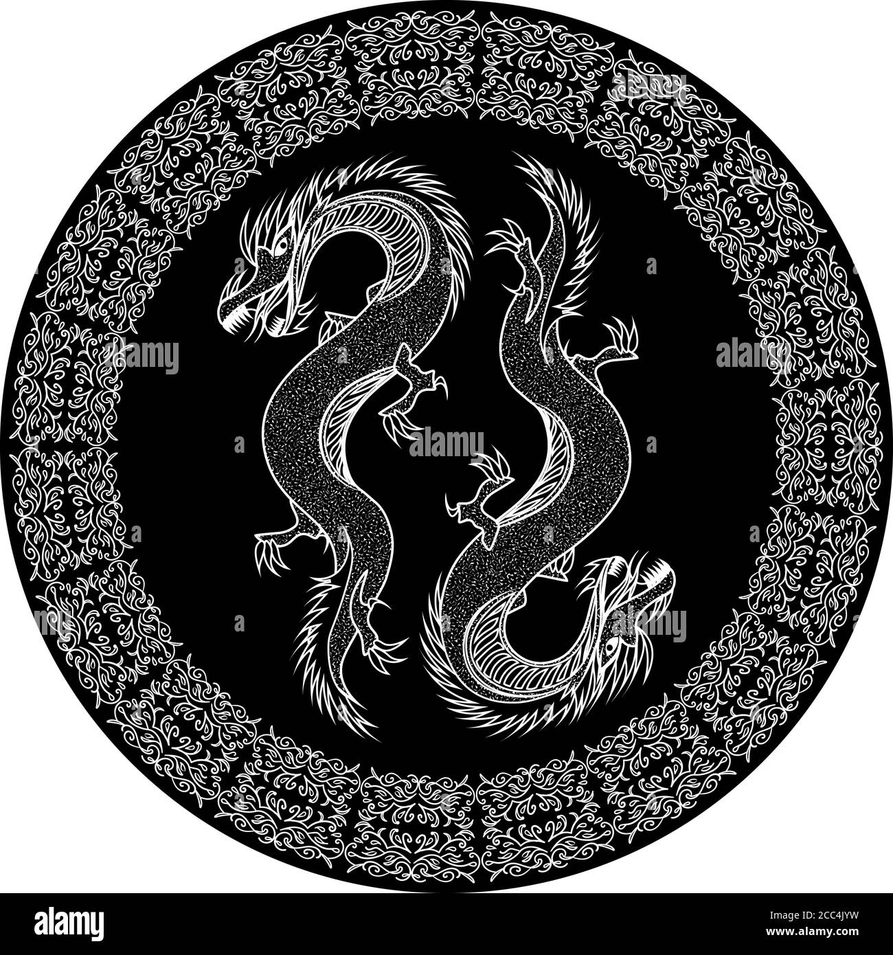 two outline oriental dragons in black ornamented circle or plate Stock ...