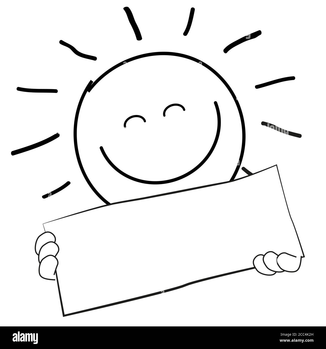 Illustration of a smiling cartoon sun holding an empty sign on a white ...