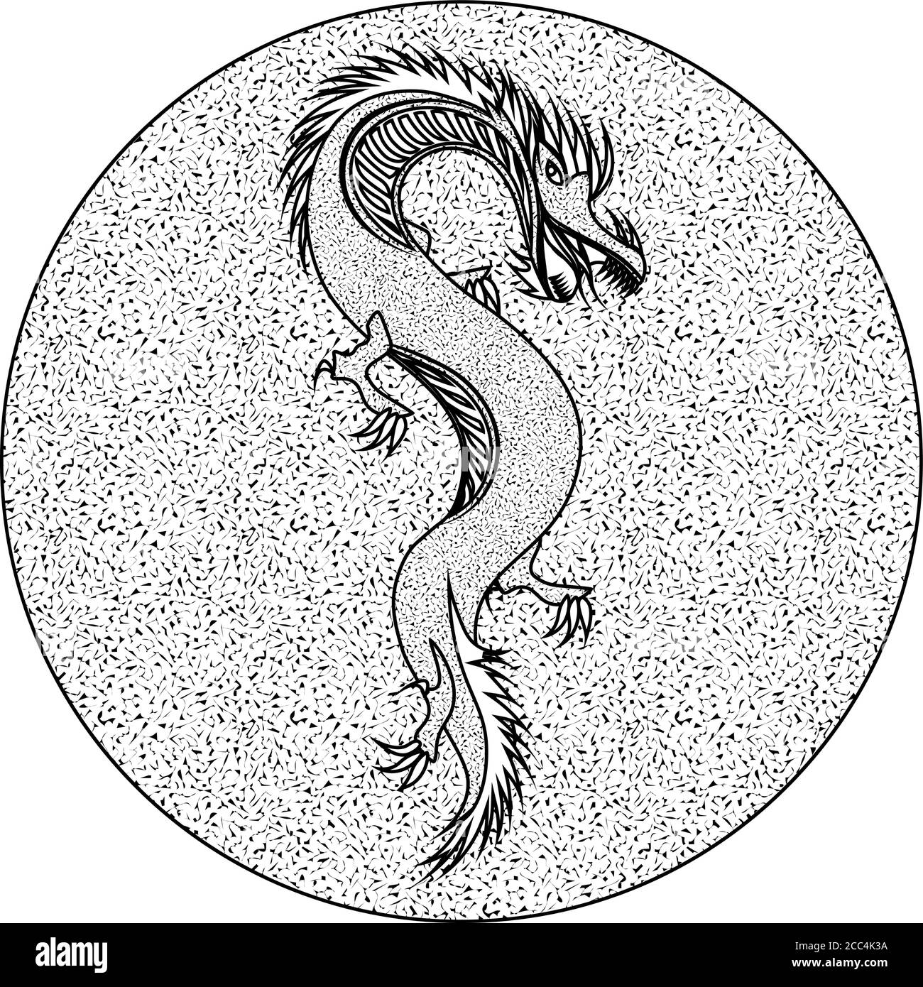 outline monochrome dragon on textured circle in traditional asian style ...