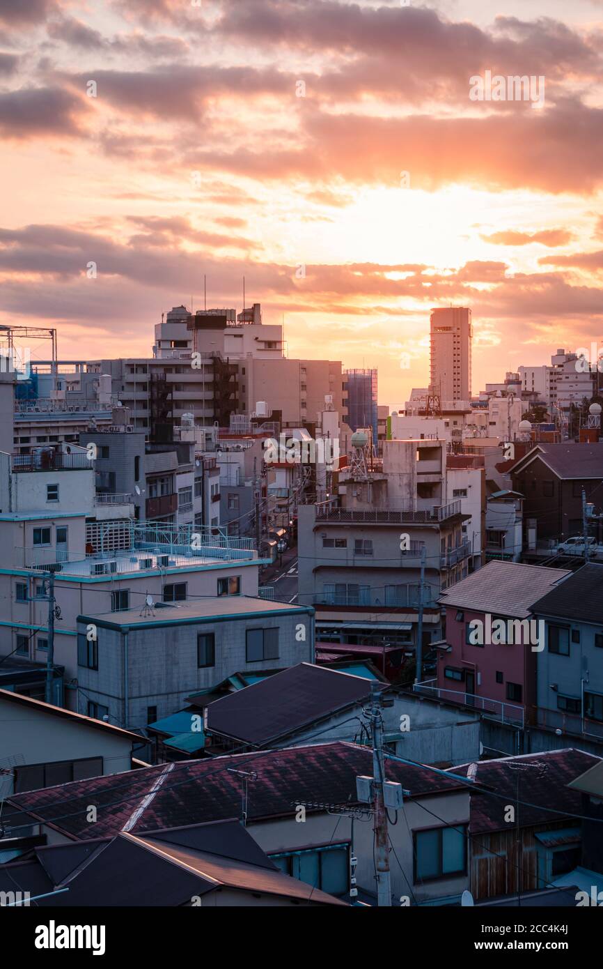 View during sunrise in Atami, Japan from the rooftop. Portrait ...