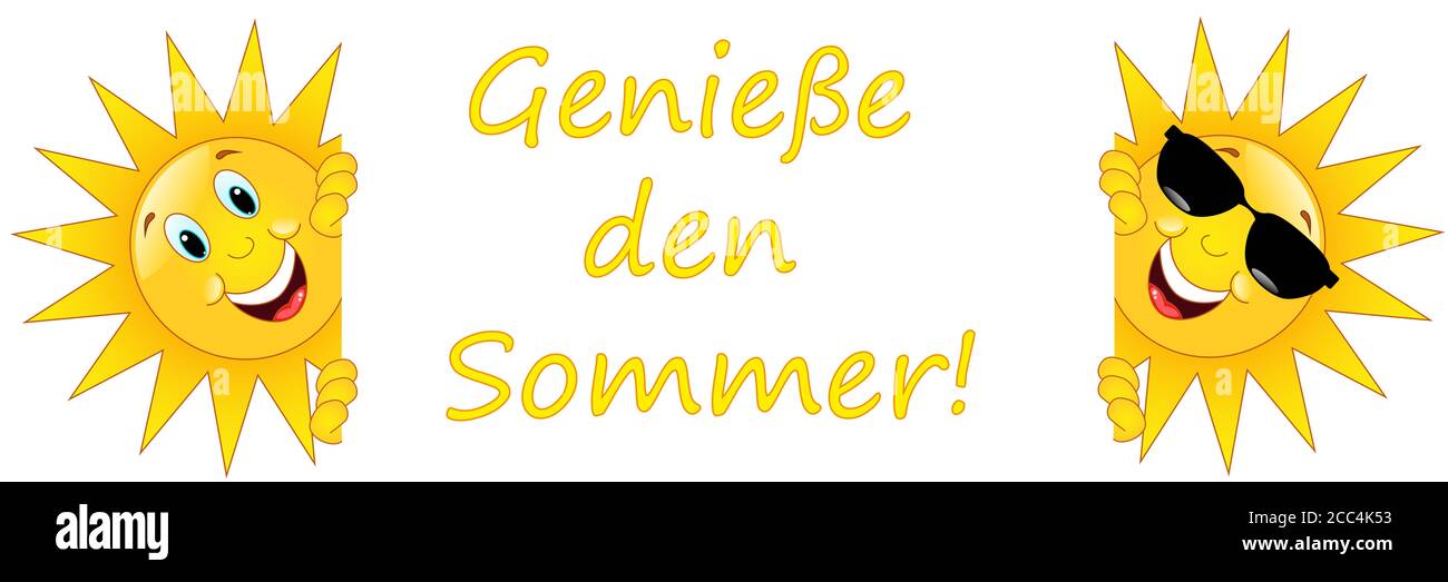 Illustration of yellow sun smileys with Enjoy that summer text on white ...