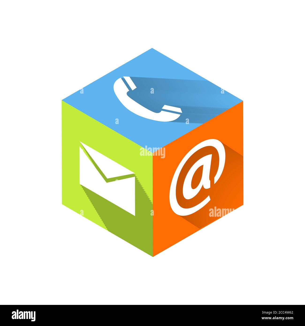 3d cube with the call, text, and the at symbol on each side, isolated ...