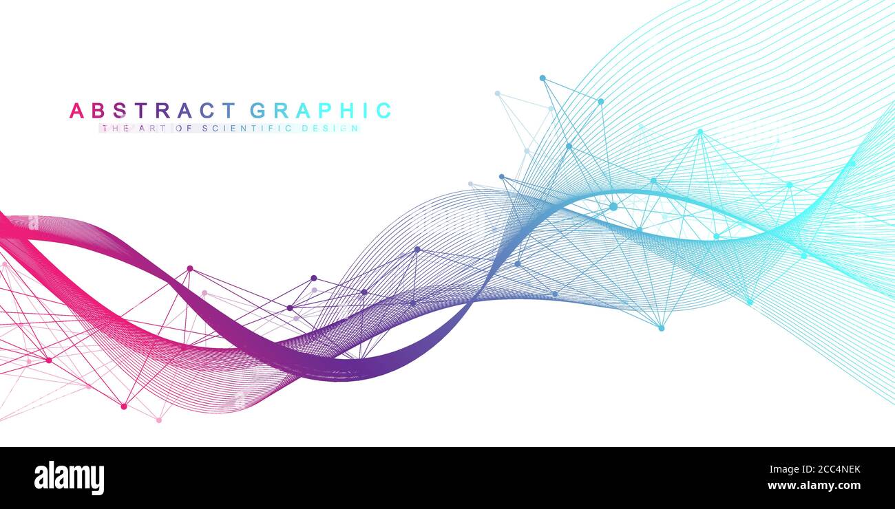 Abstract scientific background with dynamic particles, wave flow. Plexus stream background. 3D ...