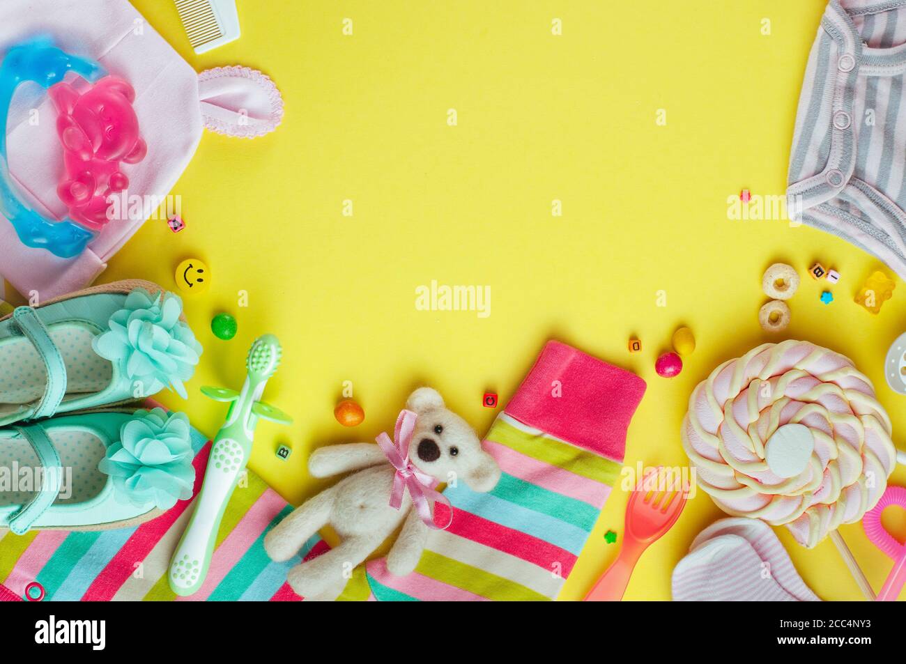 Baby shower party background with baby clothes and accessories Stock ...