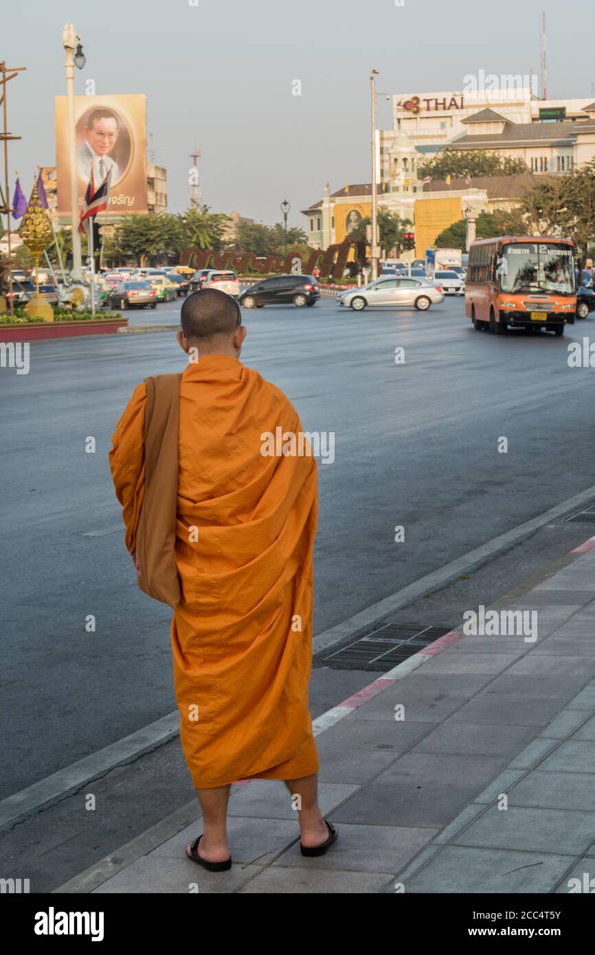 BANGKOK, THAILAND - 2015 February. Thai Monk in the street in Bangkok ...