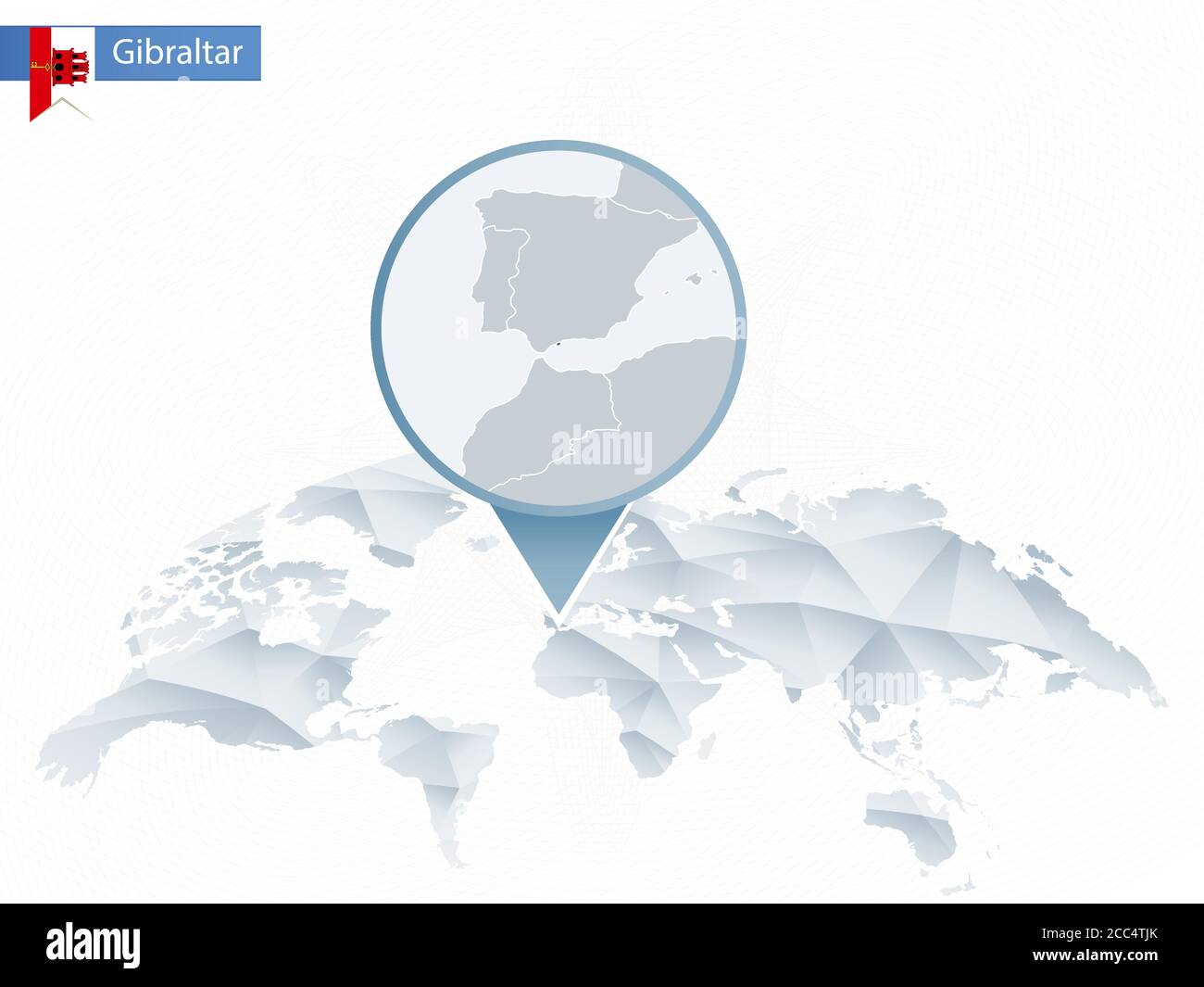 Abstract rounded World Map with pinned detailed Gibraltar map. Vector ...