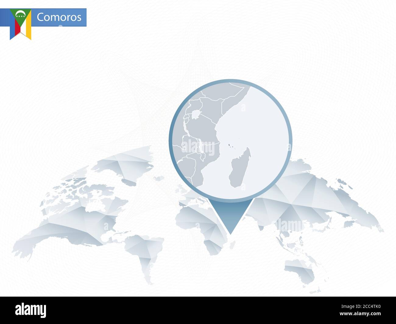 Abstract rounded World Map with pinned detailed Comoros map. Vector ...