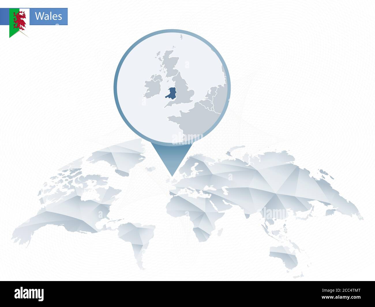 Abstract rounded World Map with pinned detailed Wales map. Vector Illustration Stock Vector ...