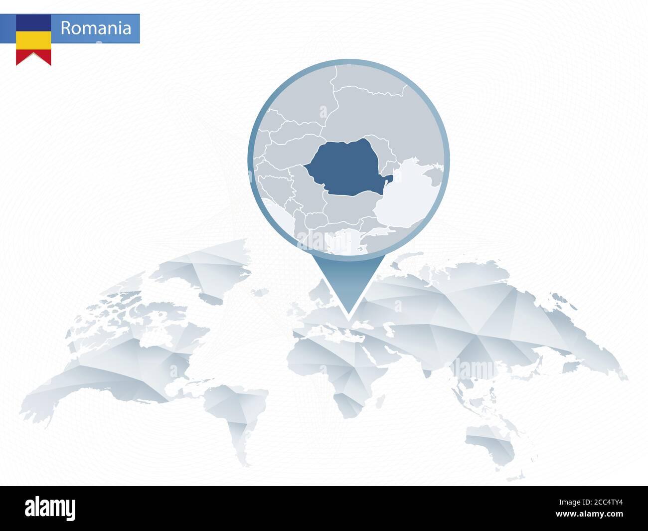 Abstract rounded World Map with pinned detailed Romania map. Map and ...