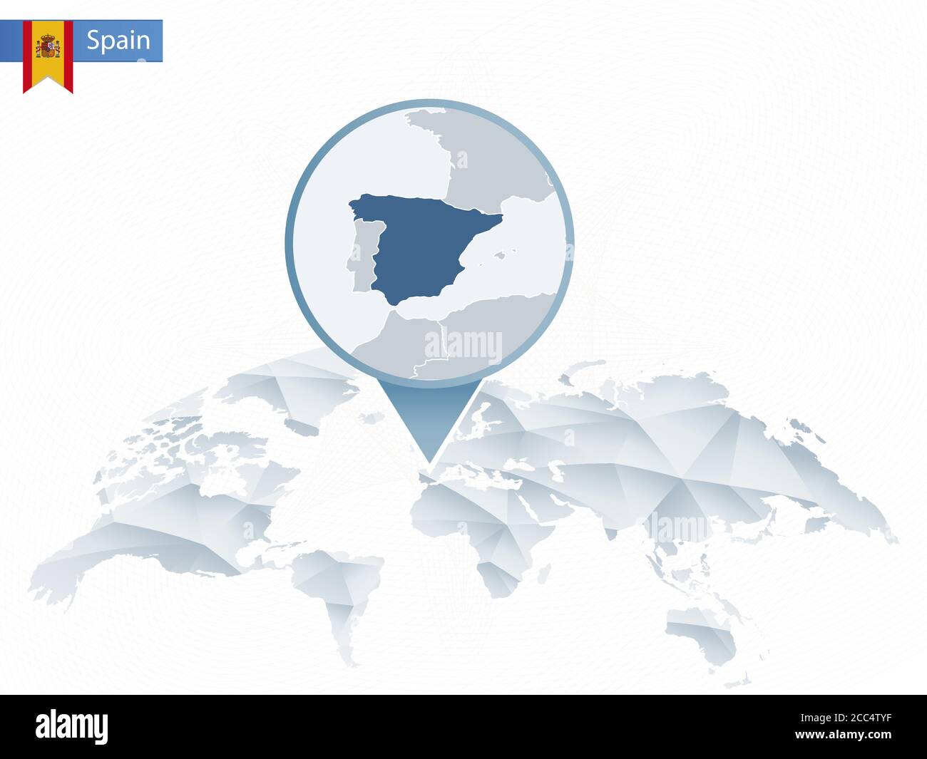 Abstract rounded World Map with pinned detailed Spain map. Map and flag ...