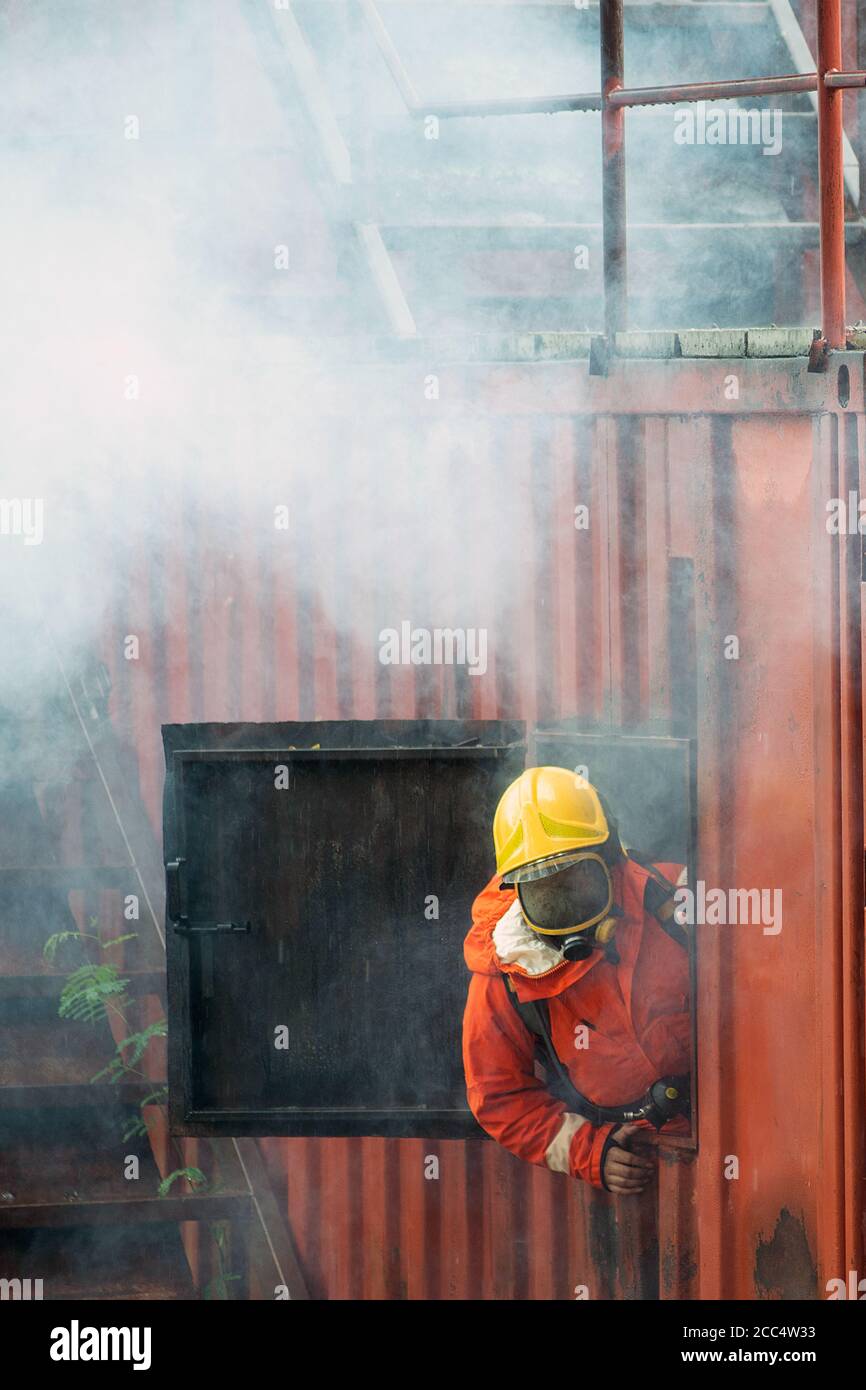 The firefighters are showing their face. Out of the building through ...