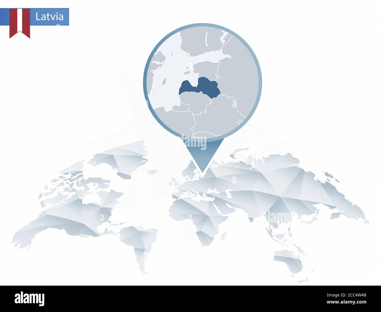 Abstract rounded World Map with pinned detailed Latvia map. Map and flag of Latvia. Vector ...