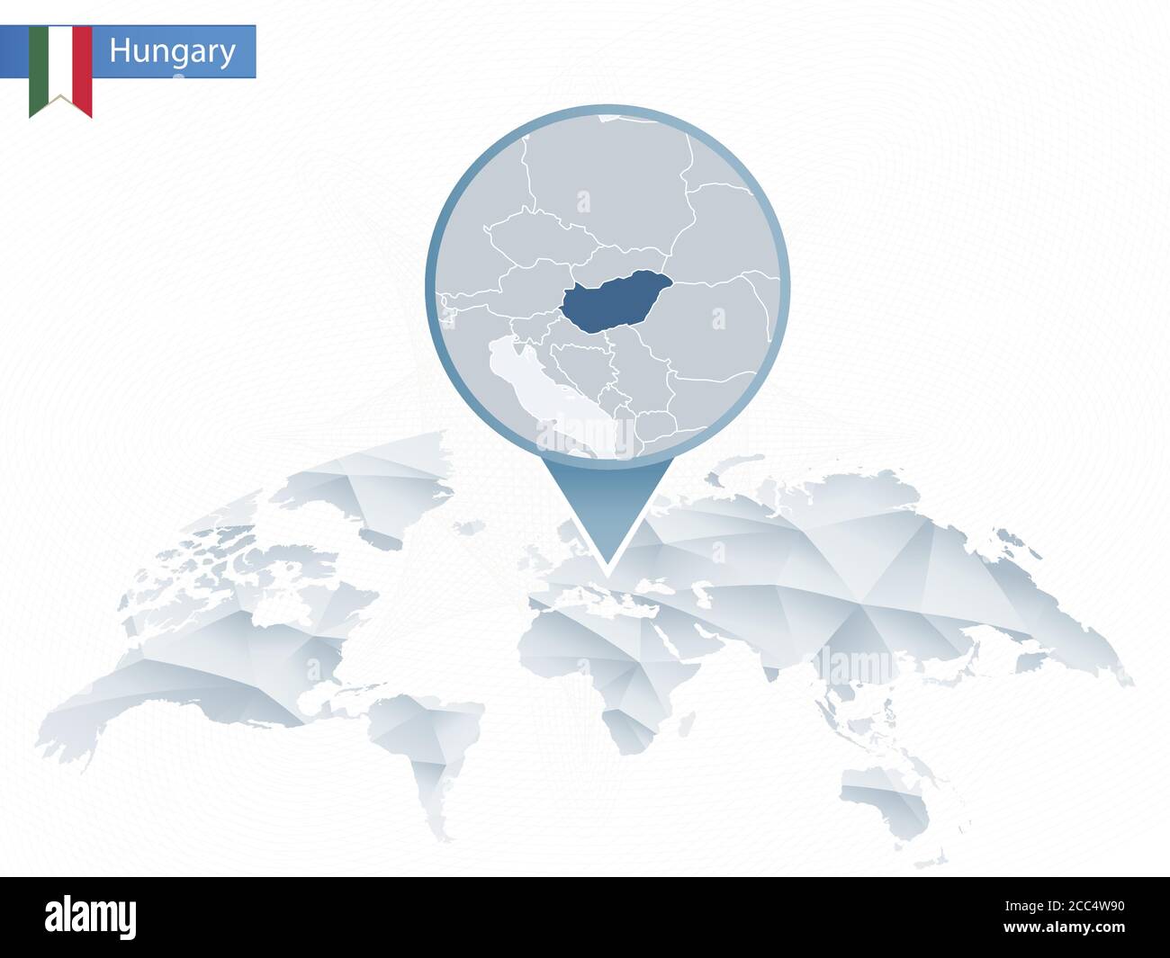 Abstract rounded World Map with pinned detailed Hungary map. Map and ...