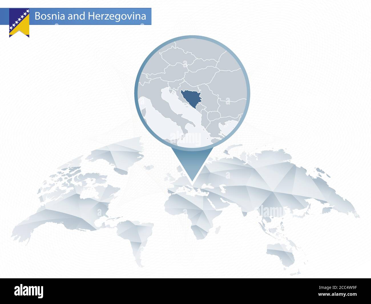 Abstract rounded World Map with pinned detailed Bosnia and Herzegovina ...