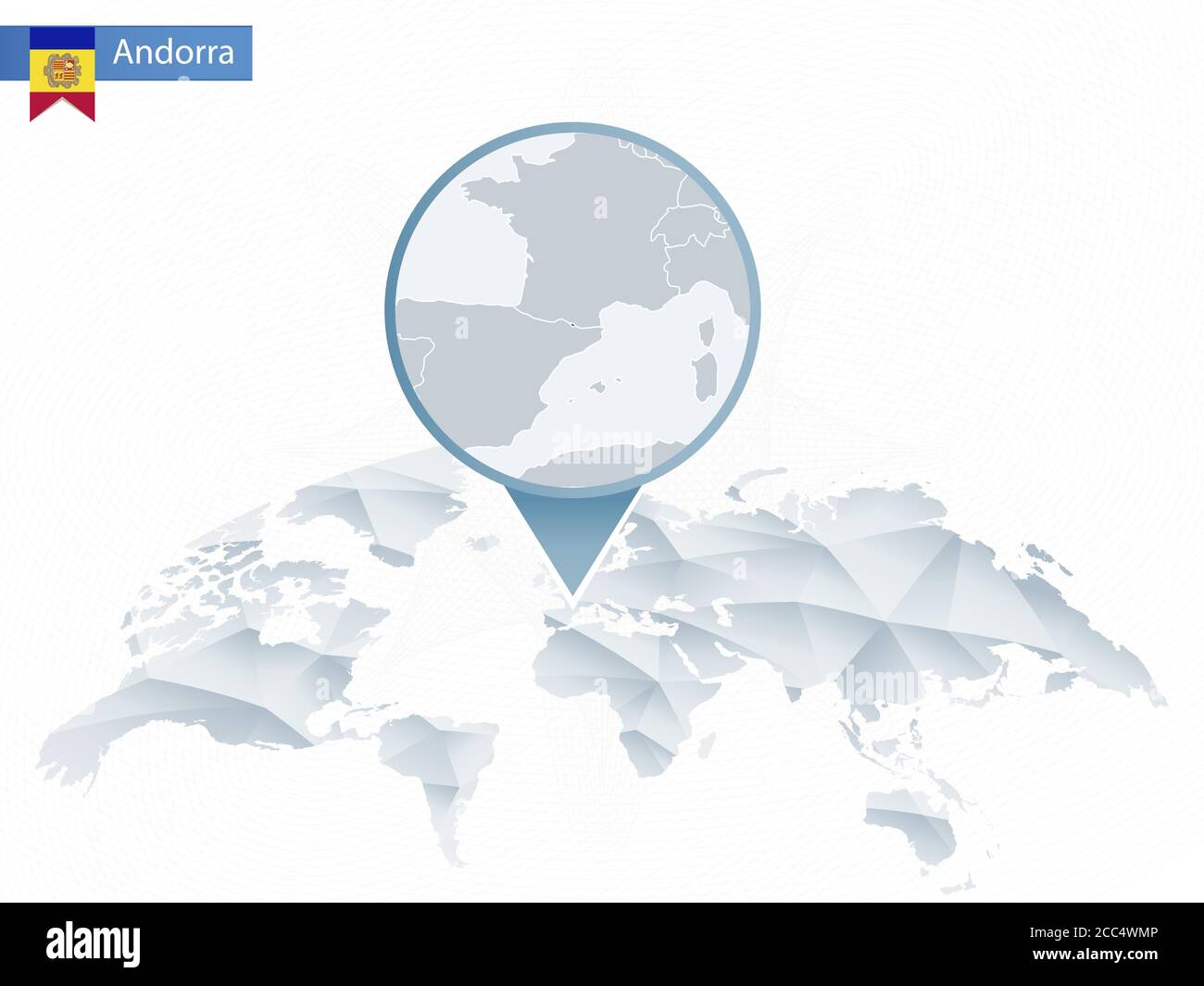 Abstract rounded World Map with pinned detailed Andorra map. Vector ...