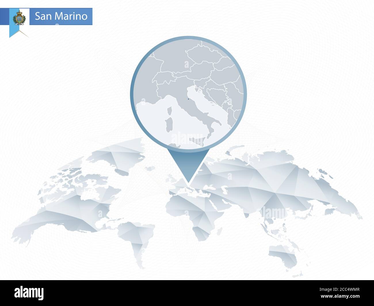 Abstract rounded World Map with pinned detailed San Marino map. Vector ...