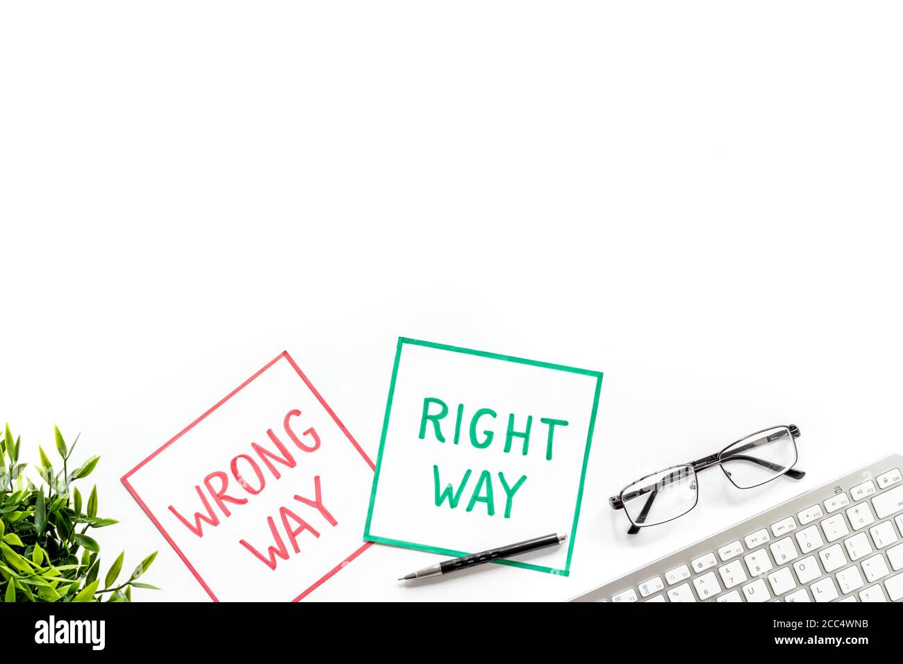 Doubt concept.. Right and wrong way icons on work desk from above copy ...