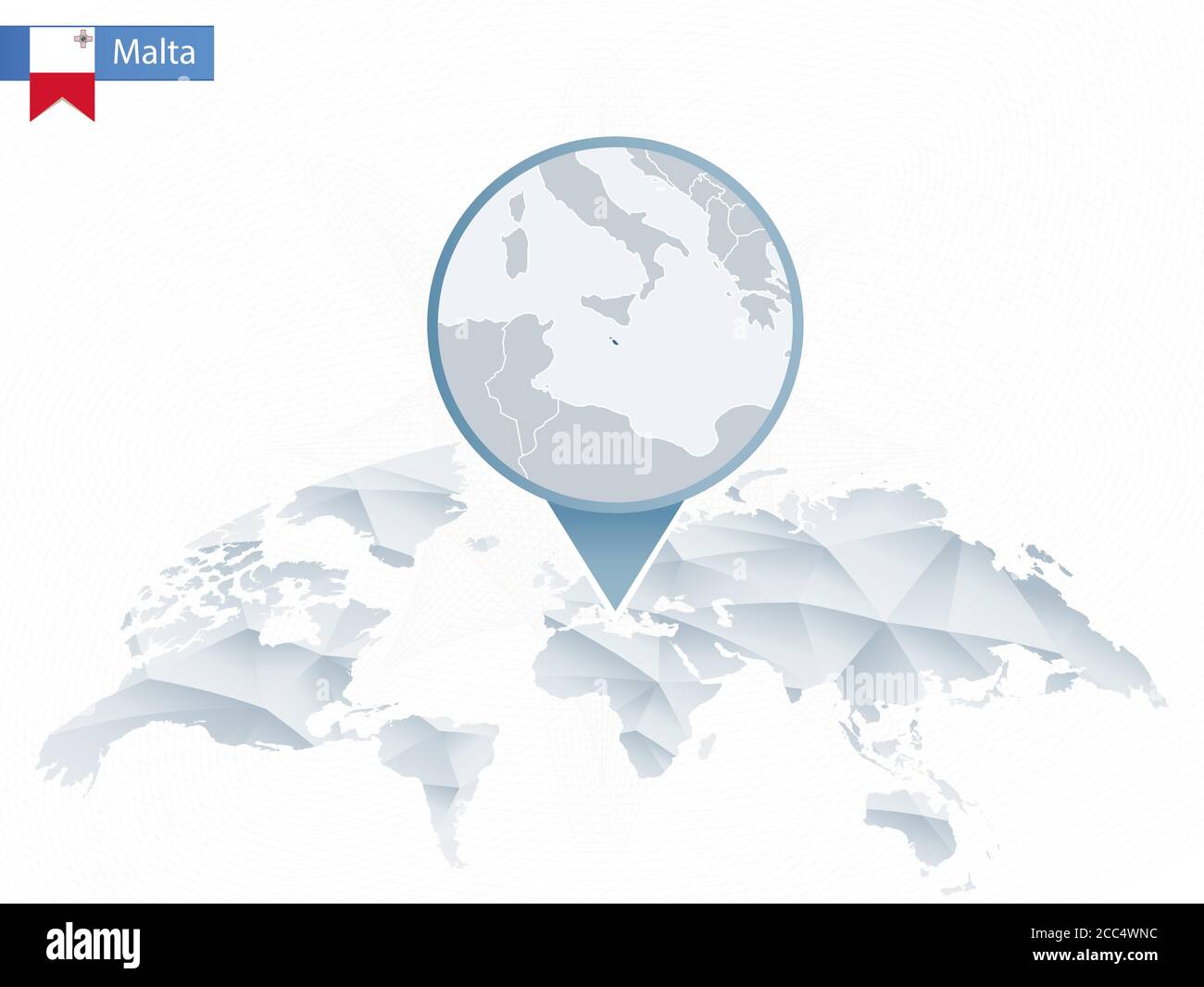 Abstract rounded World Map with pinned detailed Malta map. Vector ...