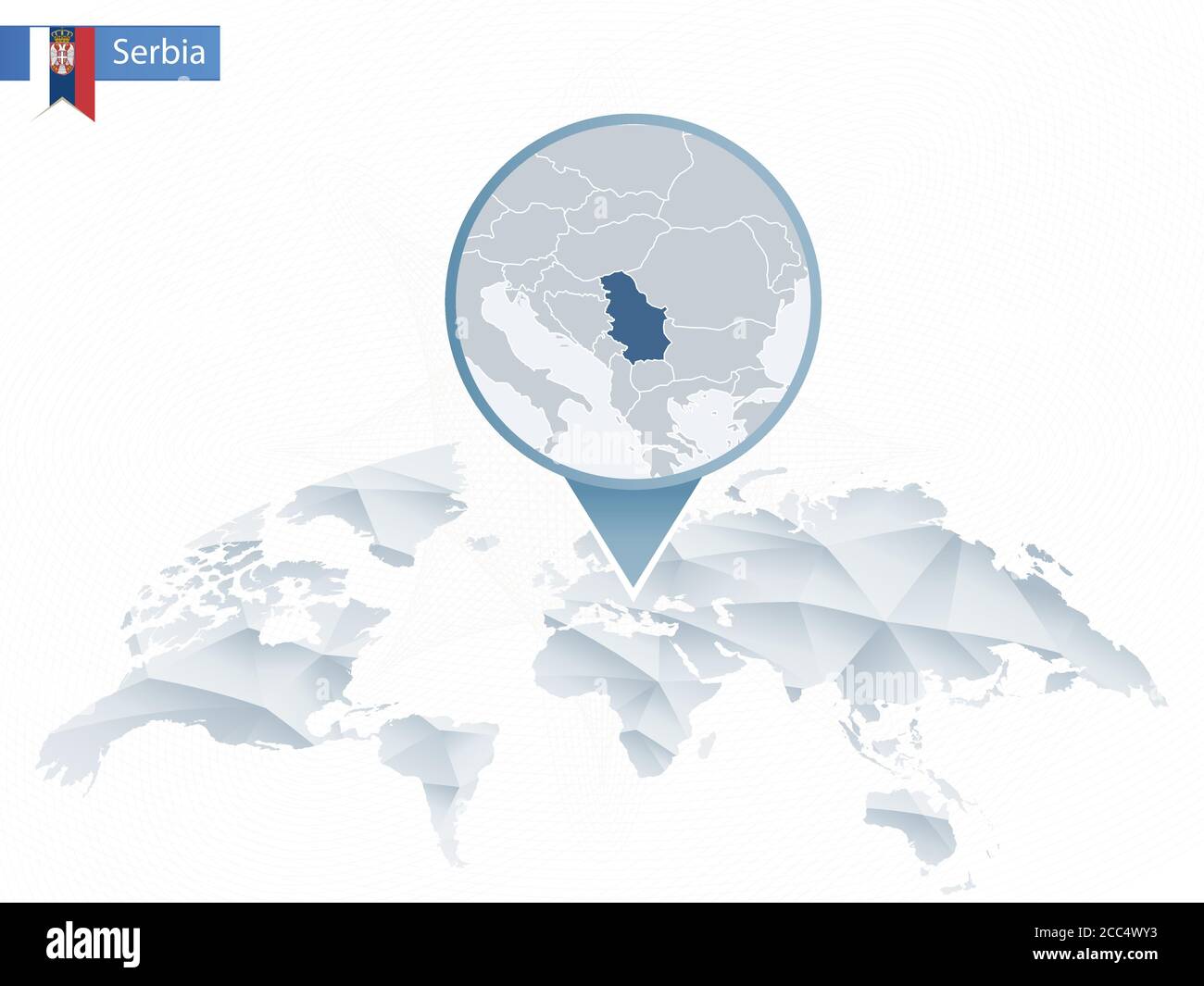 Abstract rounded World Map with pinned detailed Serbia map. Map and ...