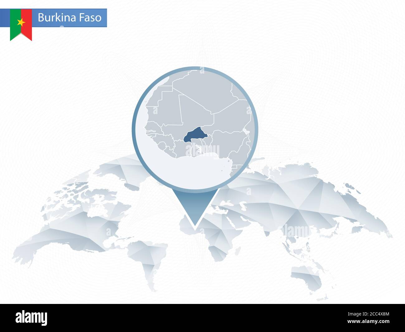 Abstract rounded World Map with pinned detailed Burkina Faso map ...