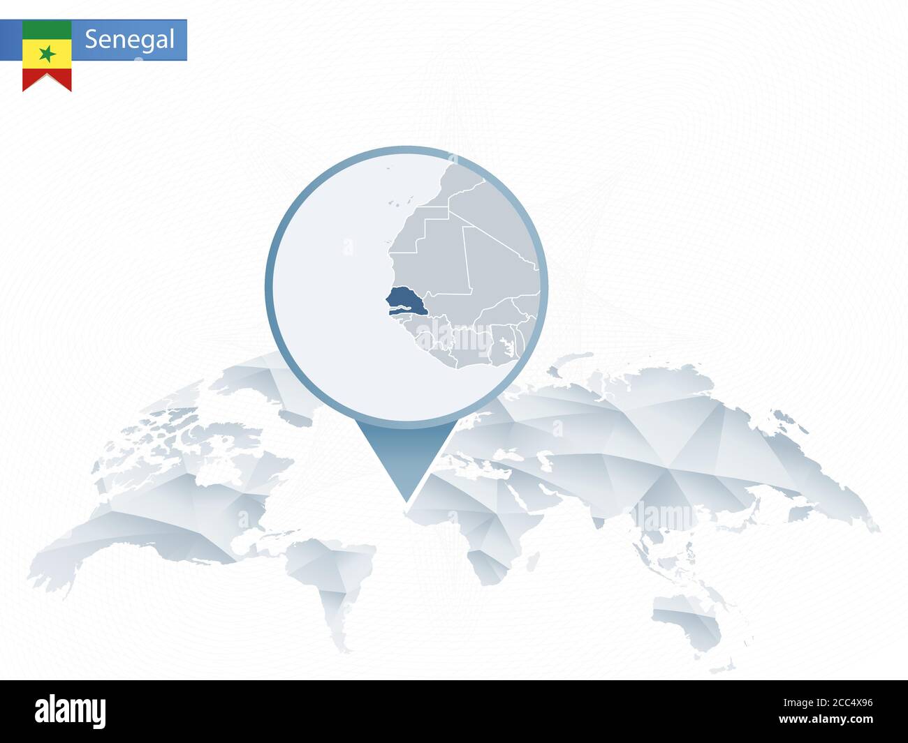 Abstract rounded World Map with pinned detailed Senegal map. Map and flag of Senegal. Vector ...