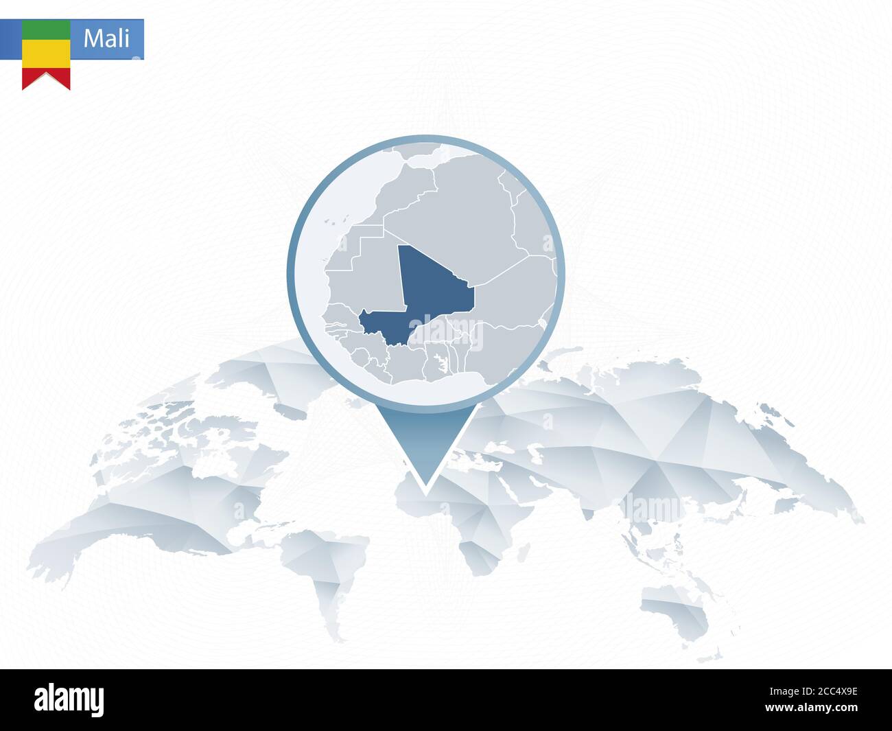 Abstract rounded World Map with pinned detailed Mali map. Vector ...