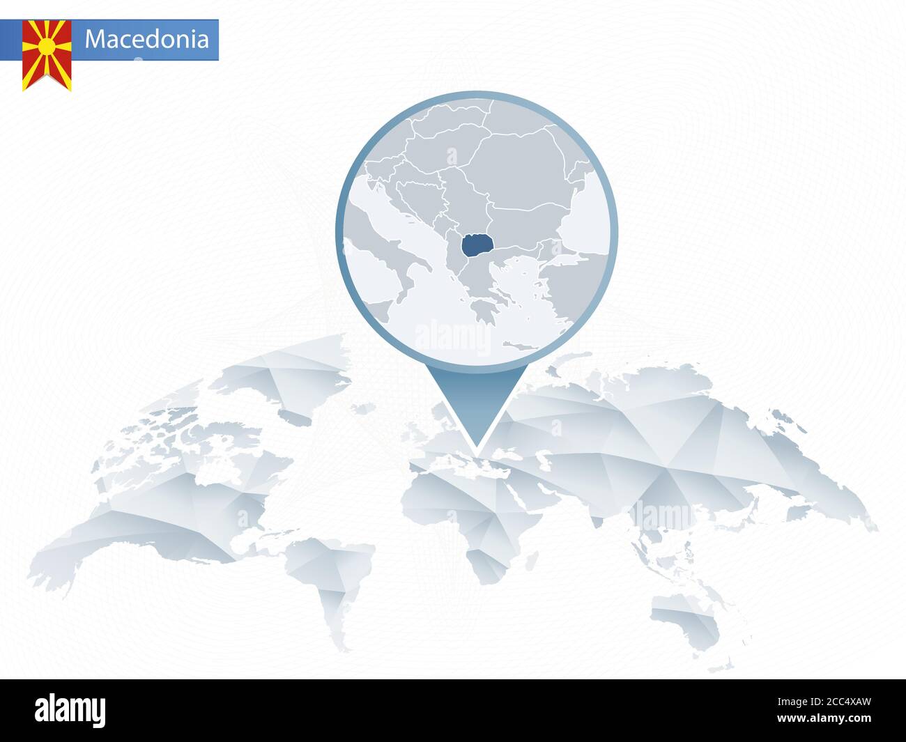 Abstract rounded World Map with pinned detailed Macedonia map. Map and ...