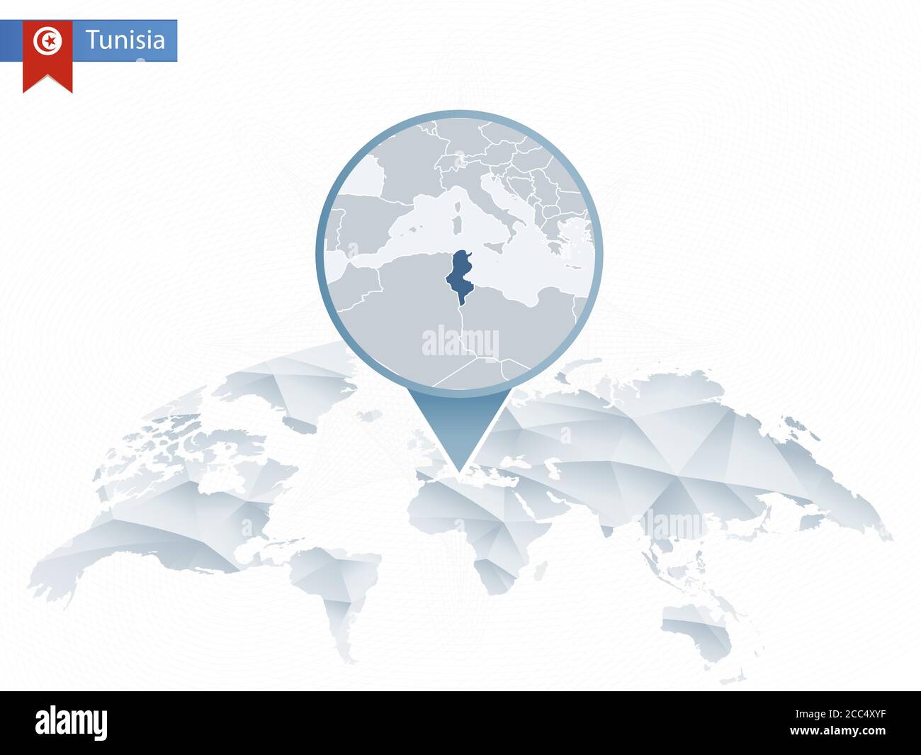 Abstract rounded World Map with pinned detailed Tunisia map. Map and ...