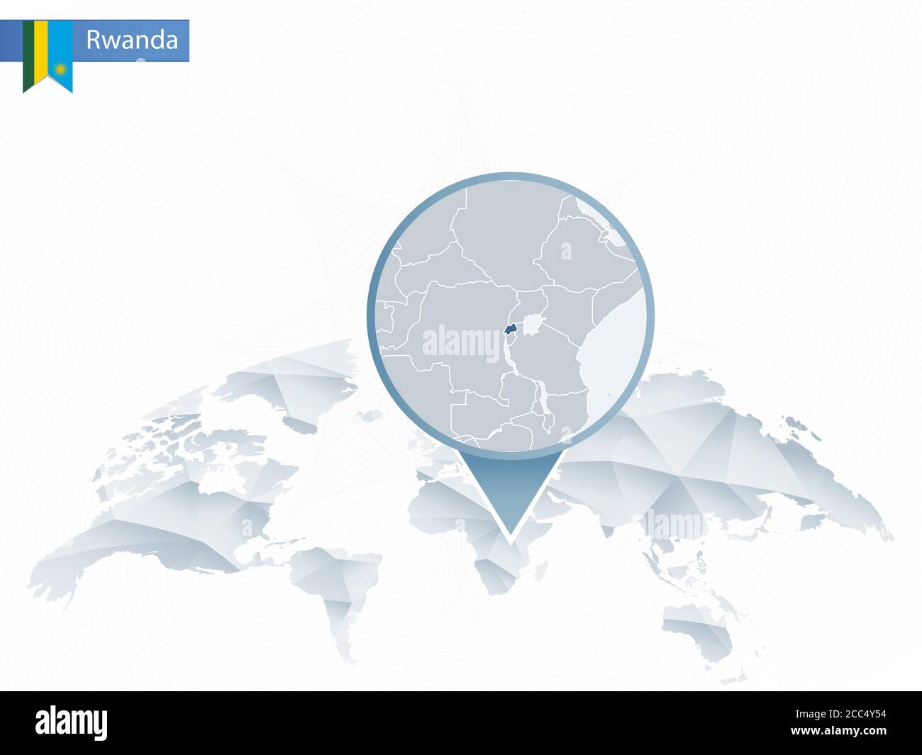 Abstract rounded World Map with pinned detailed Rwanda map. Vector ...