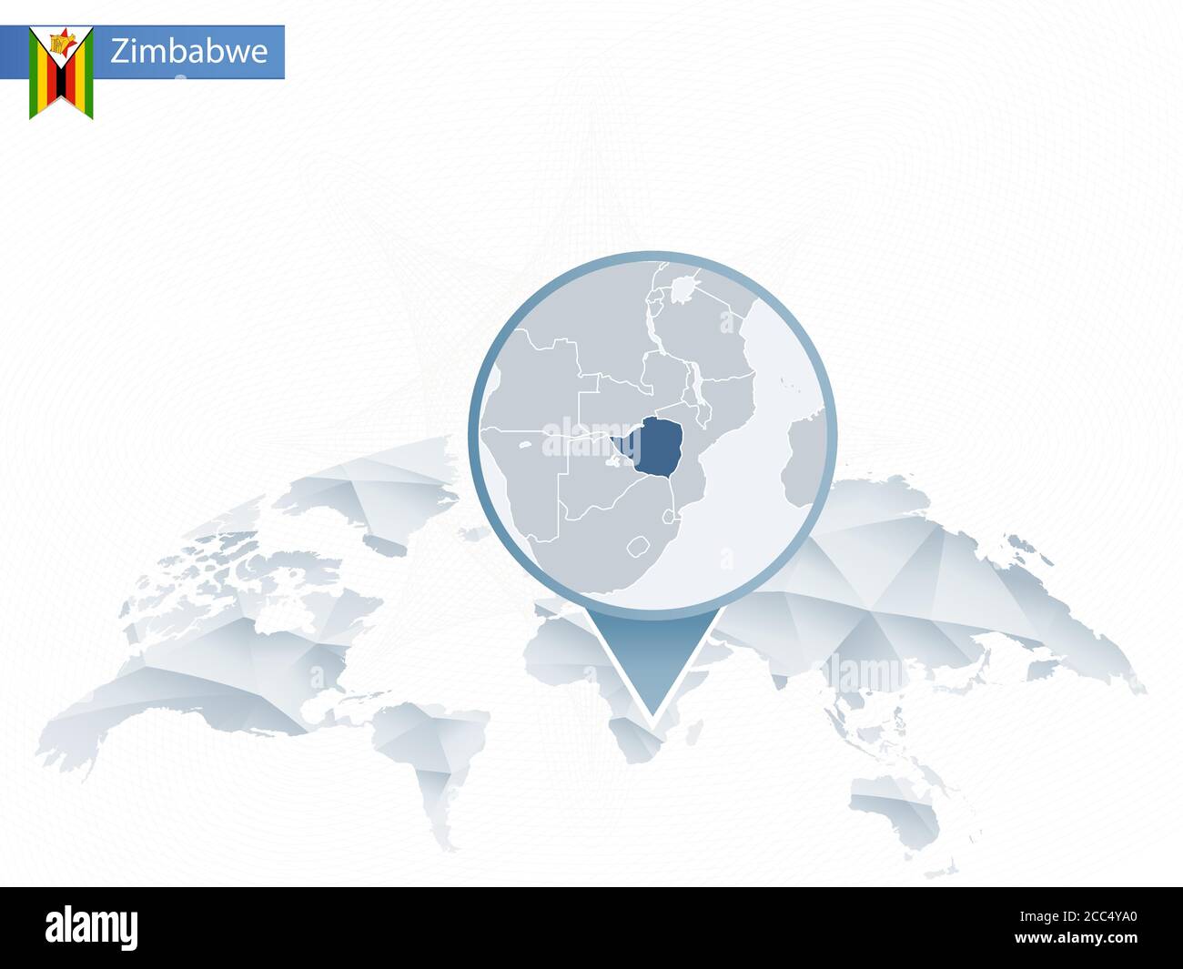 Abstract rounded World Map with pinned detailed Zimbabwe map. Vector ...