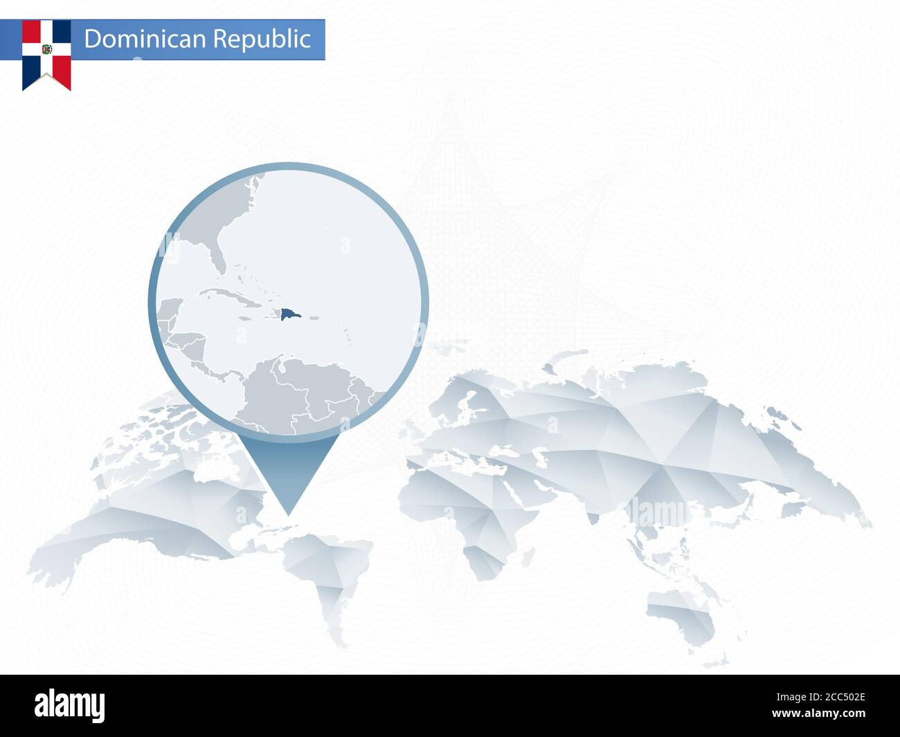 Abstract rounded World Map with pinned detailed Dominican Republic map ...