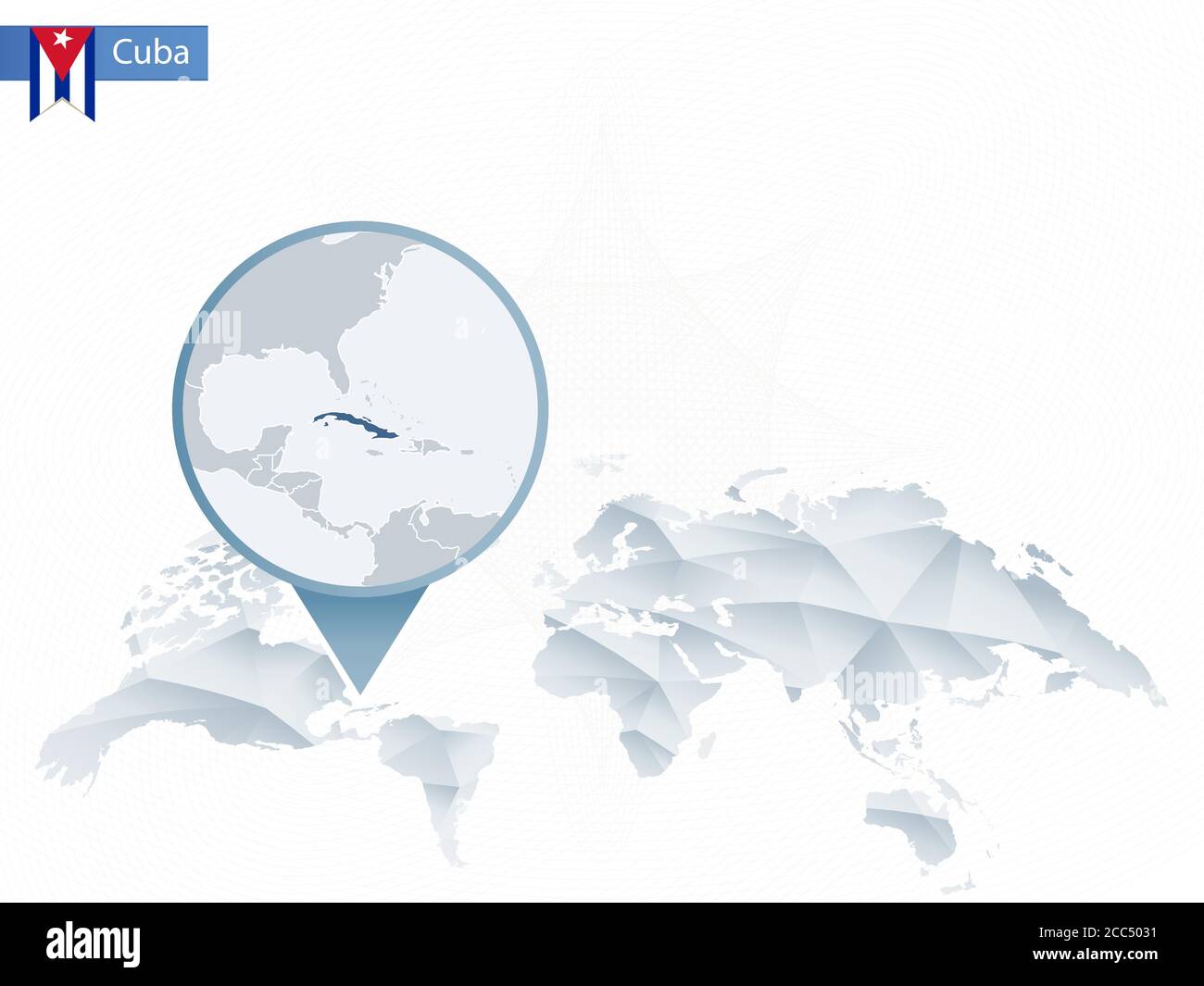 Abstract rounded World Map with pinned detailed Cuba map. Vector ...