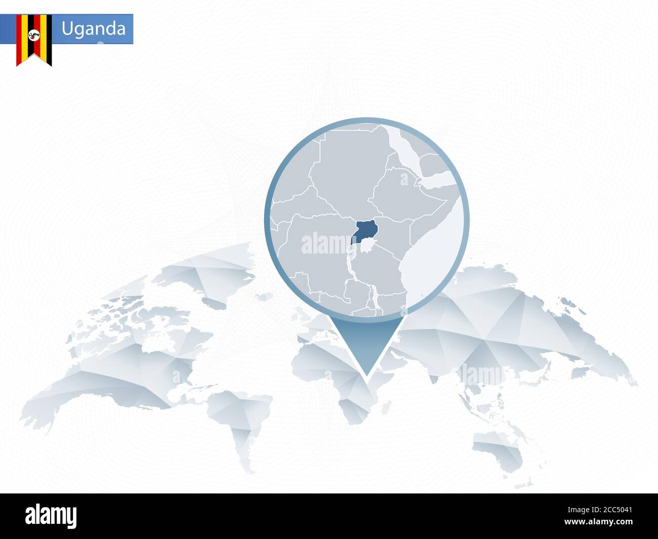 Abstract rounded World Map with pinned detailed Uganda map. Vector ...