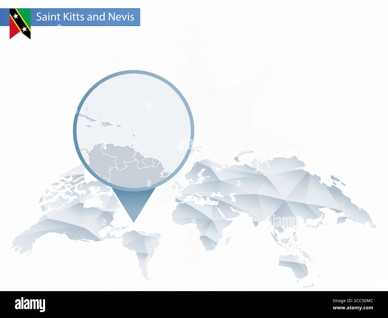 Abstract rounded World Map with pinned detailed Saint Kitts and Nevis ...