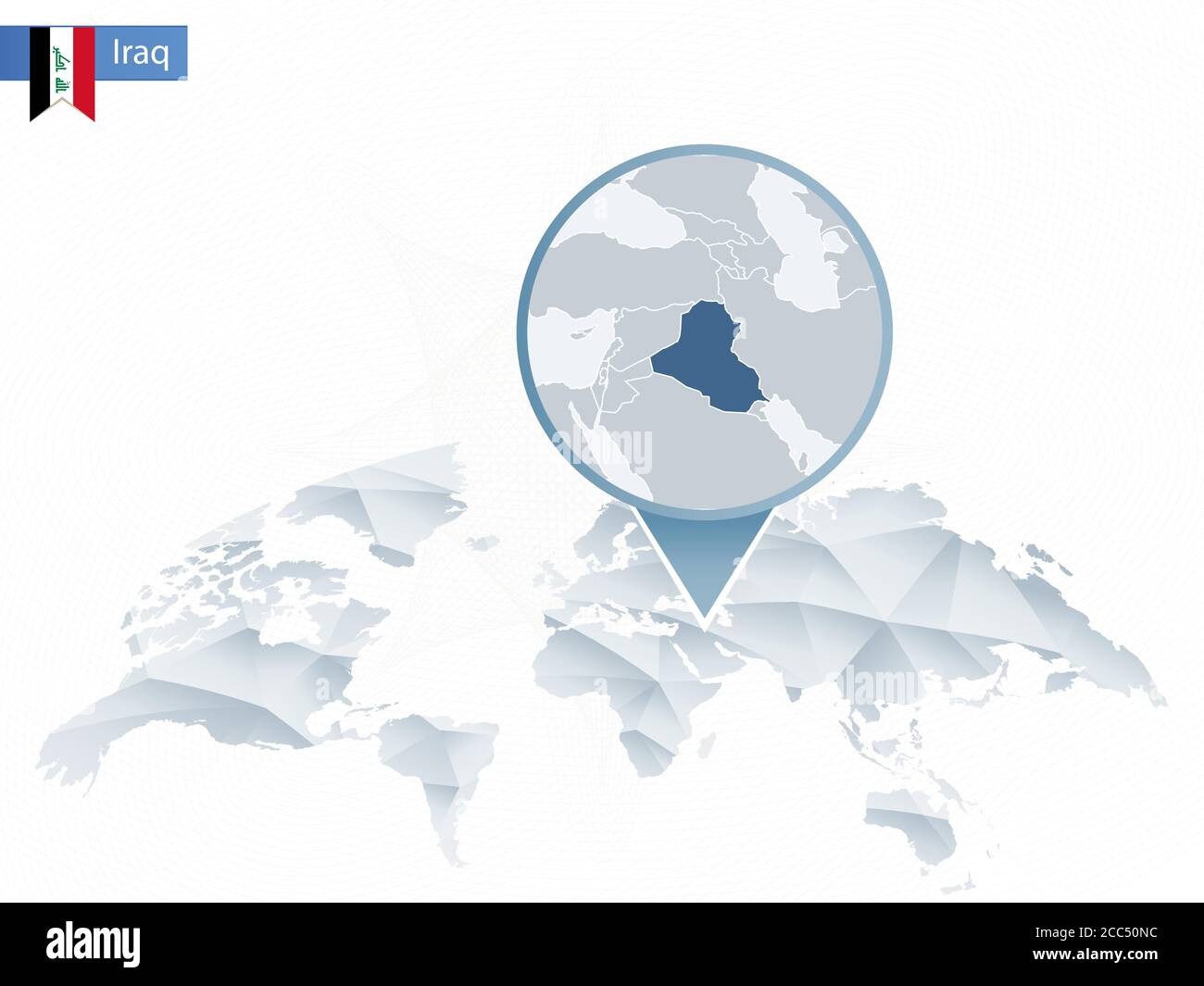 Abstract rounded World Map with pinned detailed Iraq map. Vector ...