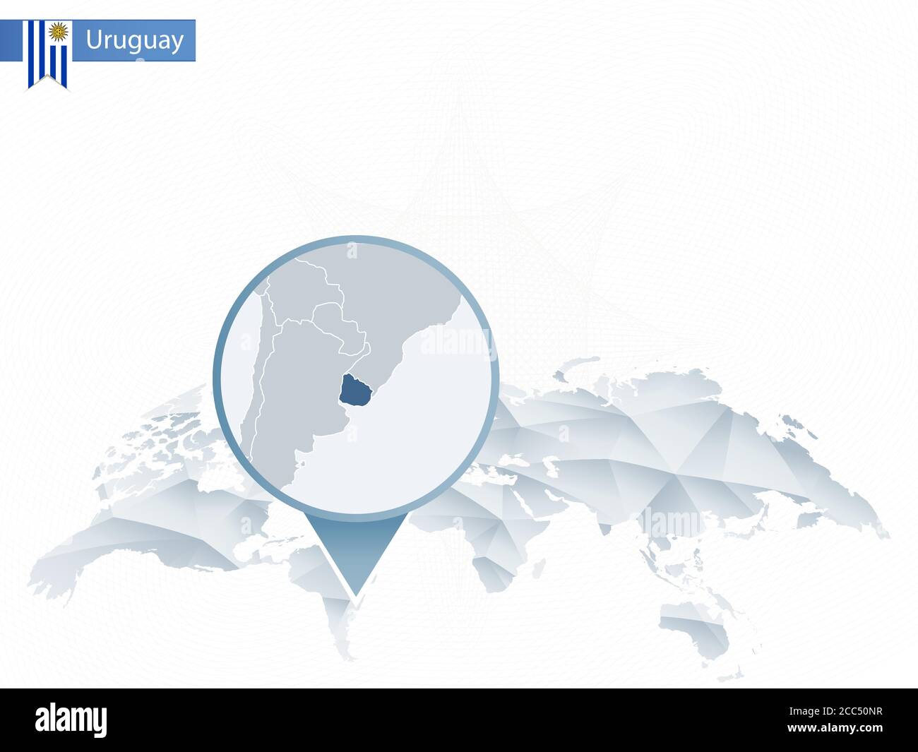 Abstract rounded World Map with pinned detailed Uruguay map. Vector ...