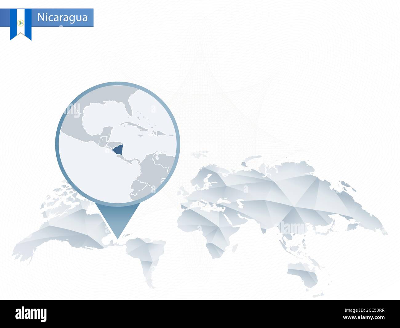 Abstract rounded World Map with pinned detailed Nicaragua map. Vector ...