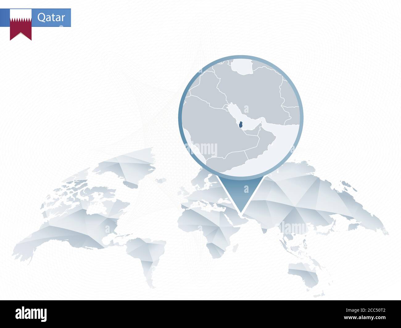 Abstract rounded World Map with pinned detailed Qatar map. Vector ...
