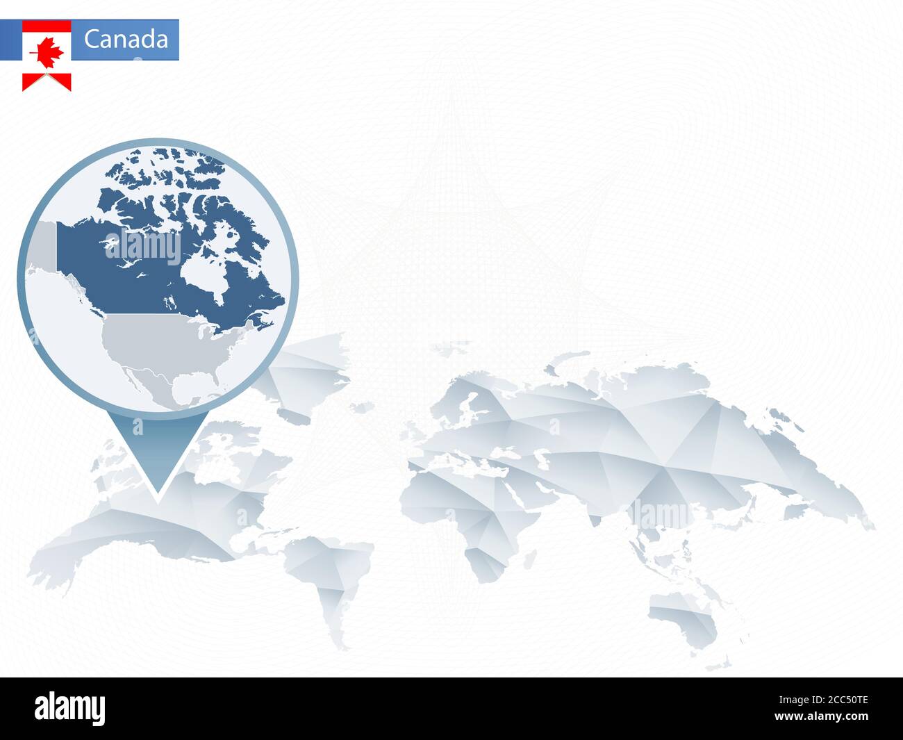 Abstract rounded World Map with pinned detailed Canada map. Vector ...