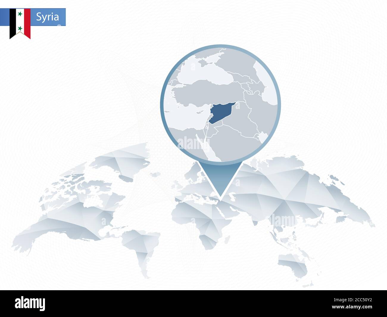 Abstract rounded World Map with pinned detailed Syria map. Vector ...