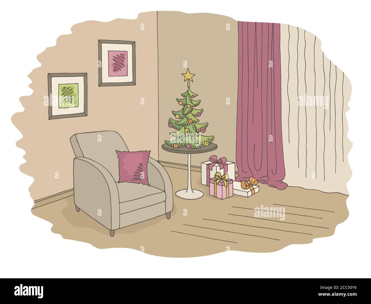Living room graphic Christmas tree color interior sketch illustration ...