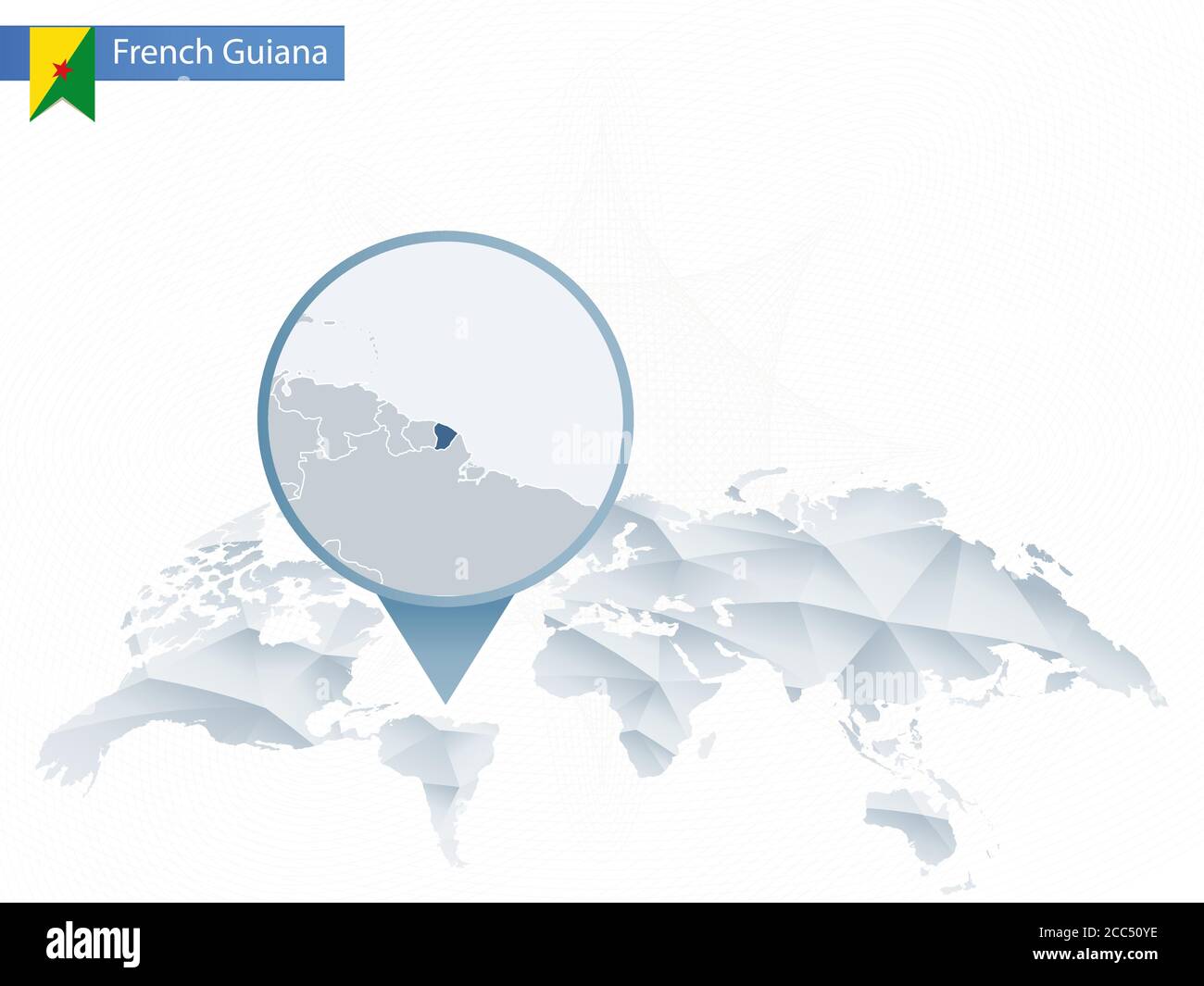 Abstract rounded World Map with pinned detailed French Guiana map ...