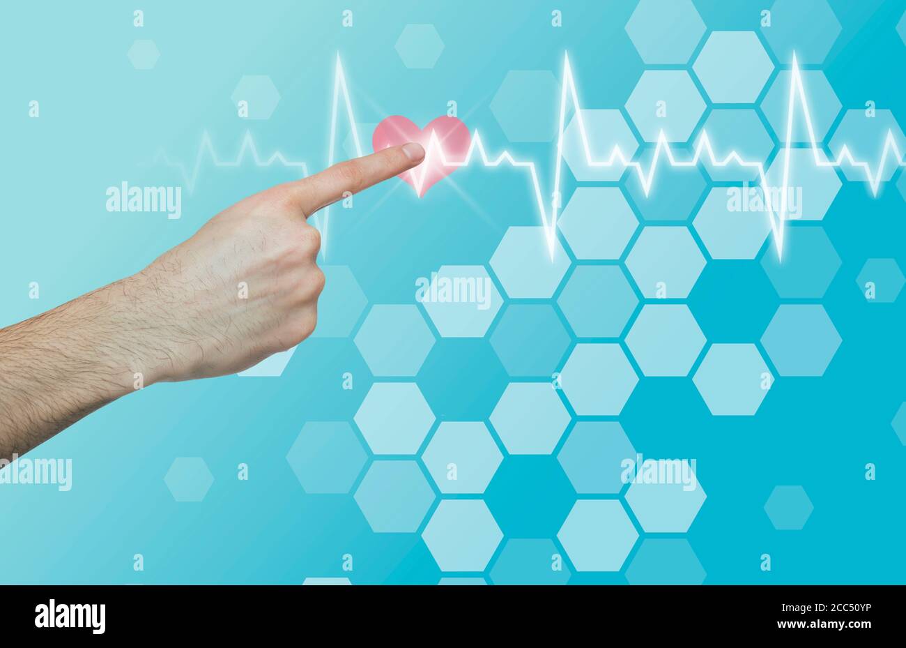 Male hand pressing heart on imaginary screen, collage with cardiogram ...