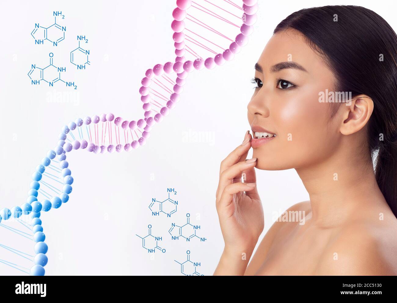 Genetics and beauty. Young Asian girl with soft silky skin and DNA ...
