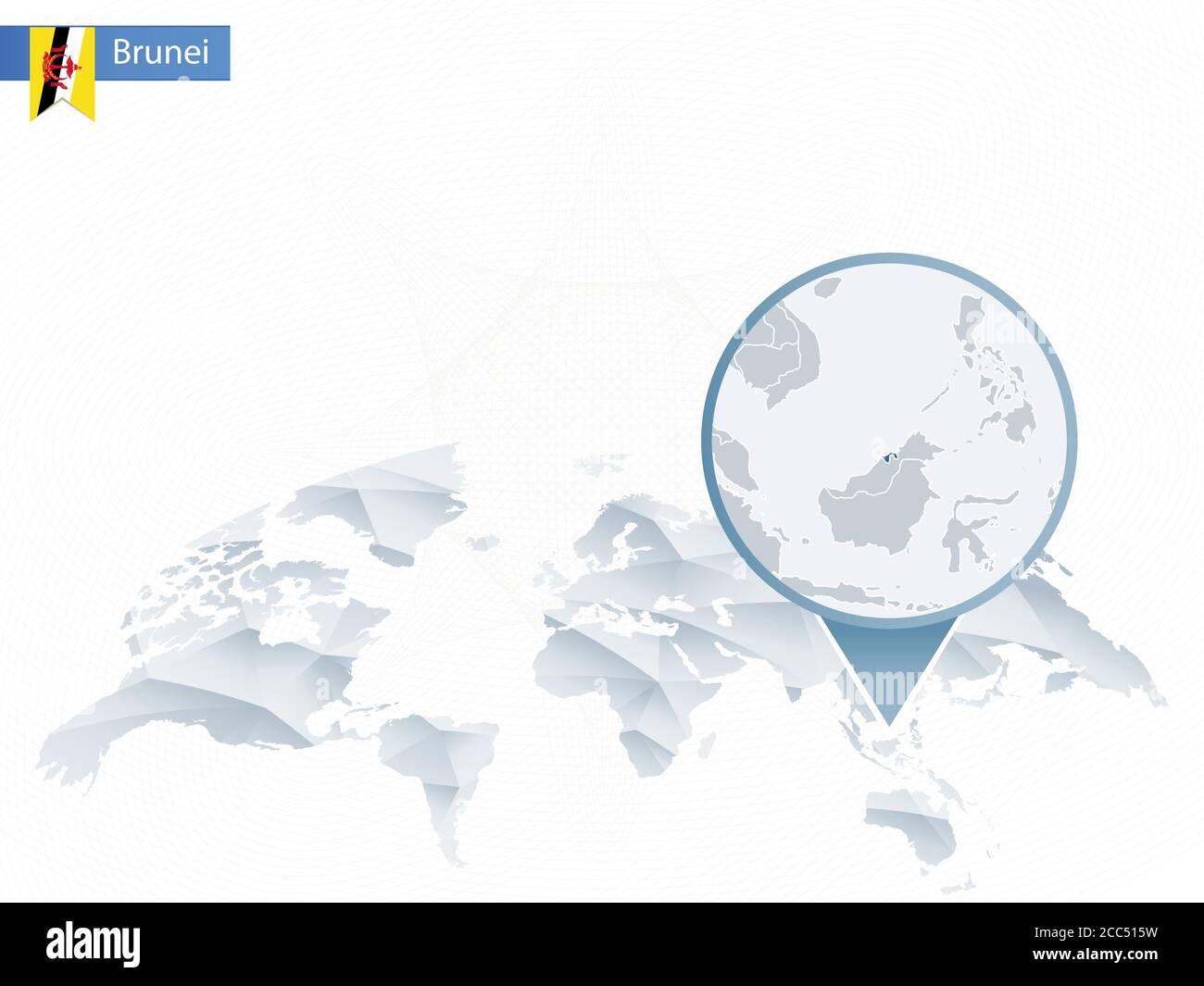 Abstract rounded World Map with pinned detailed Brunei map. Vector ...